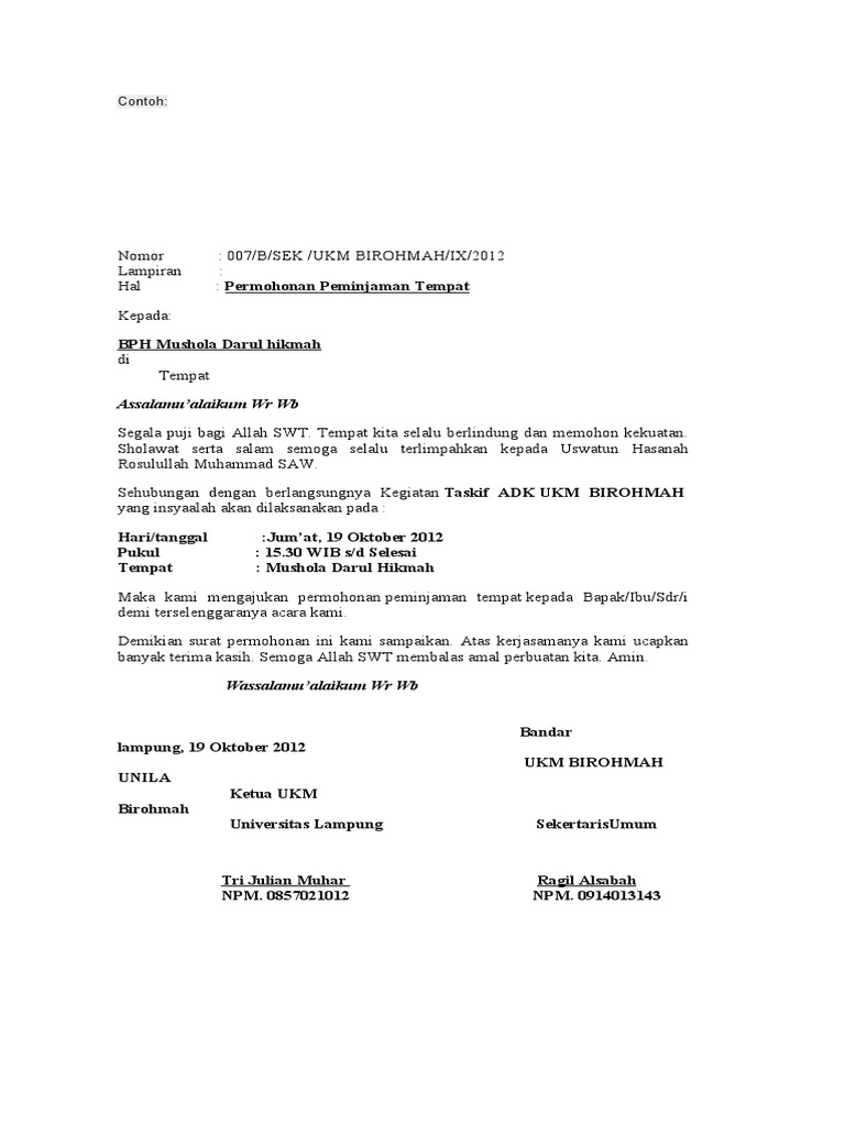 Surat Izin Peminjaman Tempat | PDF