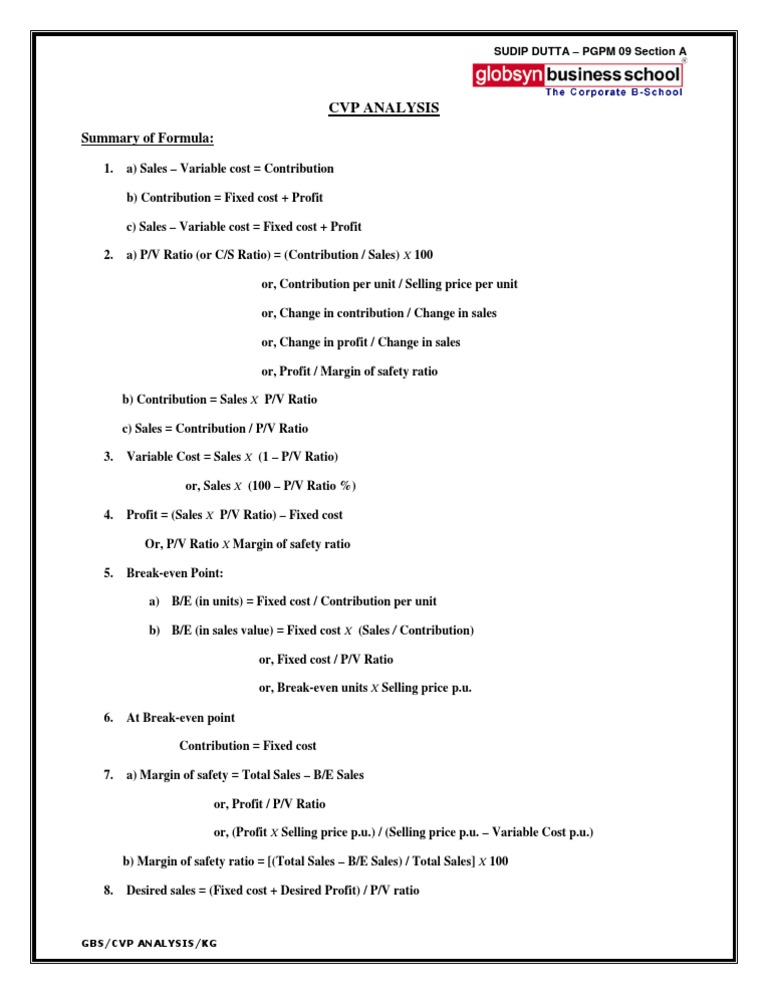 CVP Analysis Set of Formulas | PDF