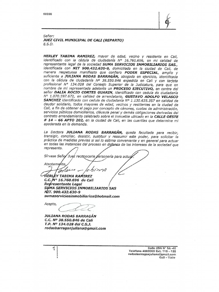 Poder y Demanda Dalia Rocío Cortés Guarín y Otro | PDF | Derecho civil (sistema legal) | Documento