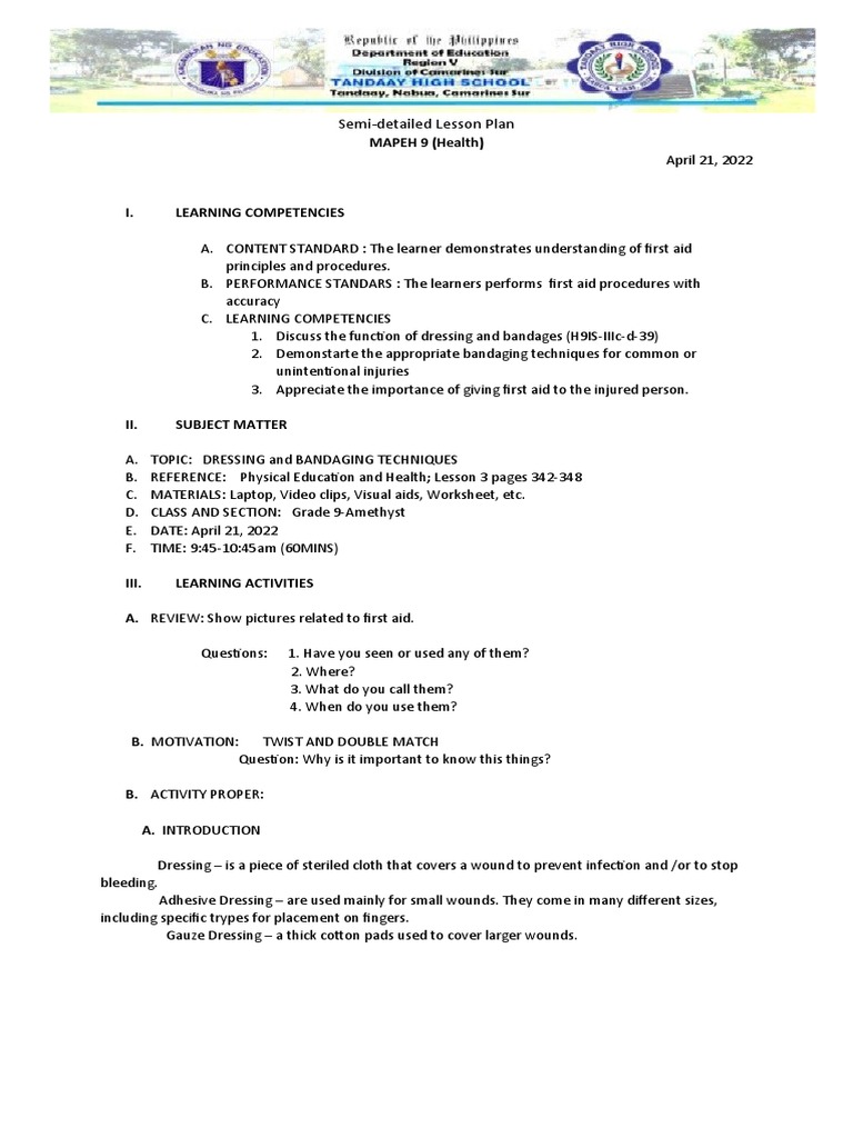 Bandaging Techniques Lesson Plan | PDF | Clinical Medicine
