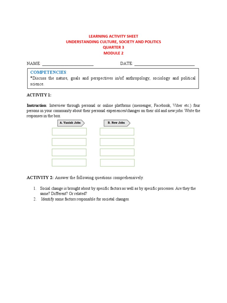 Culture, Society, and Politics Activity Sheet | PDF | History