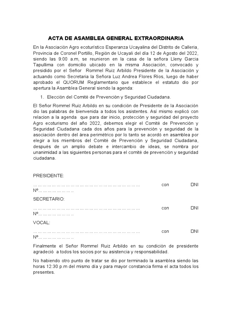 Acta de Asamblea General Extraordinaria | PDF | Gobierno