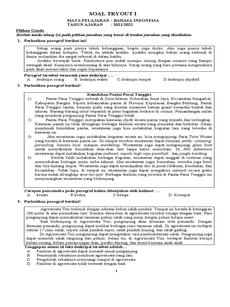 Soal Try Out 1 Bindo 2021-2022 | PDF