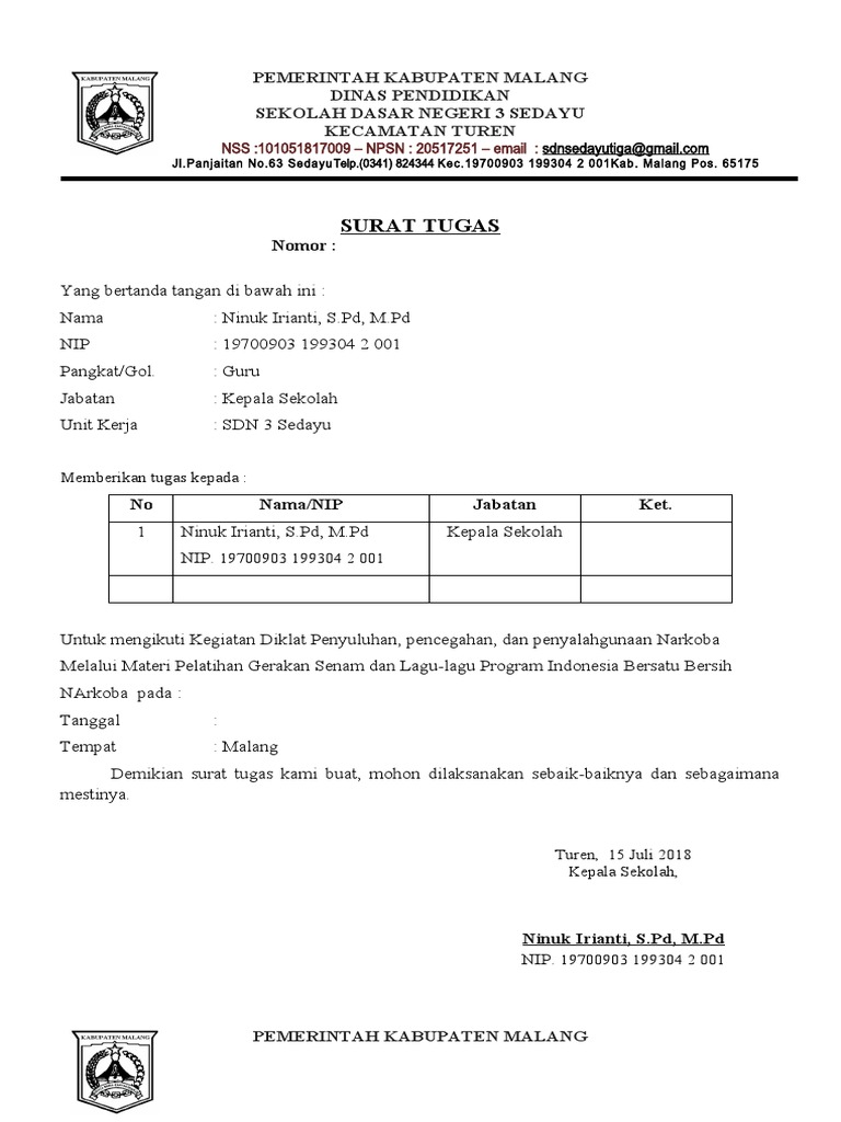 Surat Tugas Kegiatan Pendidikan Malang | PDF
