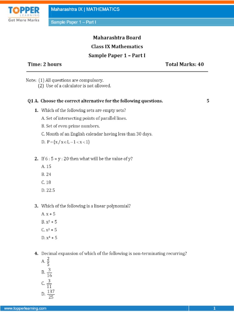 Sample Papers for MSB Maharashtra Class 9 Part I #1 Questions ...