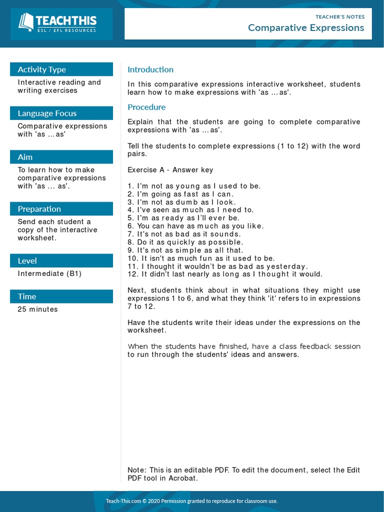 Comparative Expressions Interactive Worksheet - Teacher's Notes | PDF ...