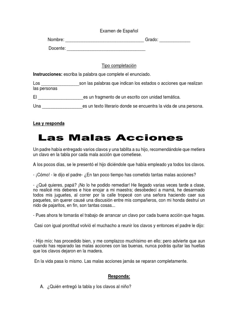Examen de Español, Cuarto Grado IV Parcial. | PDF | Artes del Lenguaje ...