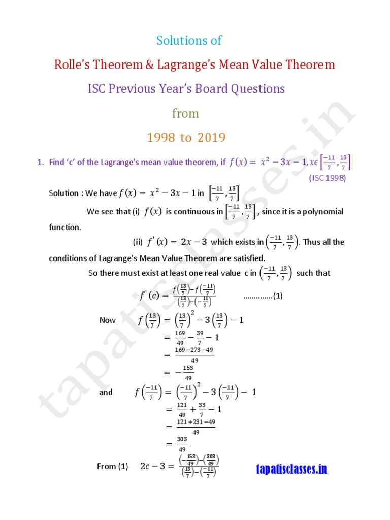 Rolle's and Lagrange's Theorems Solutions | PDF | Trigonometric ...