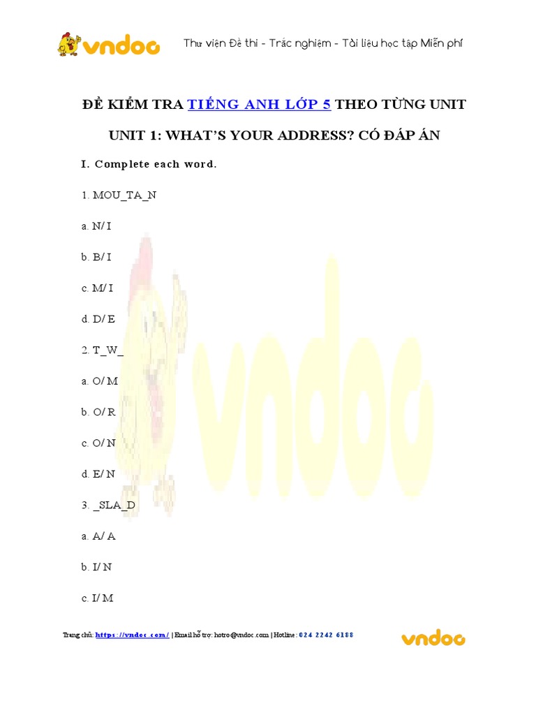 De Kiem Tra Tieng Anh Lop 5 Unit 1 What S Your Address | PDF