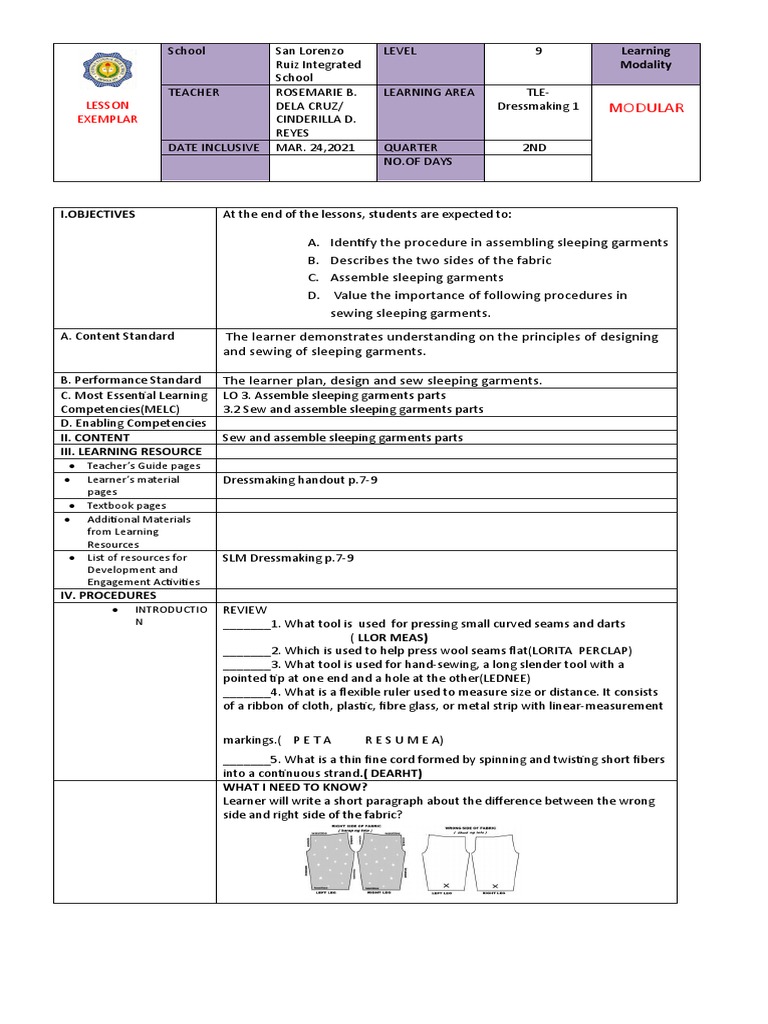 Modular: Lesson Exemplar | PDF | Sewing | Seam (Sewing)