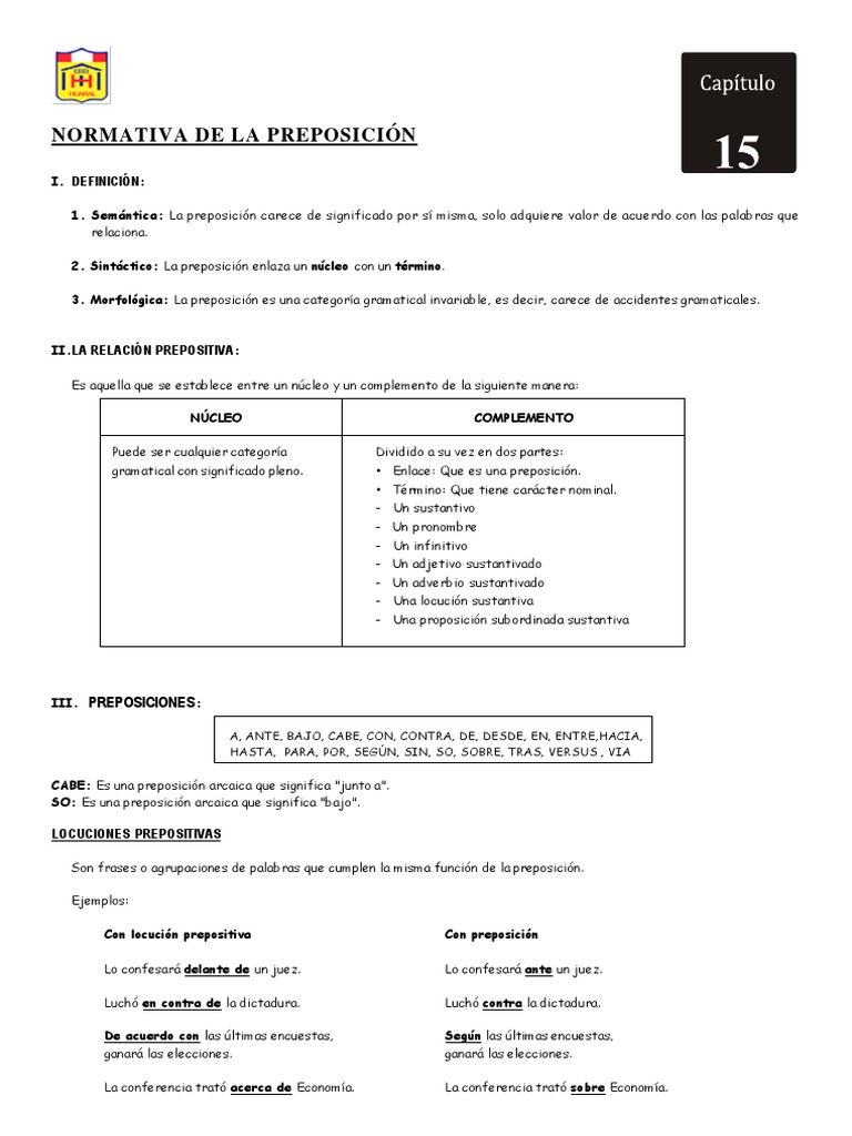 Clase 15 - La Preposicion | PDF | Preposición y Postposición | Palabra