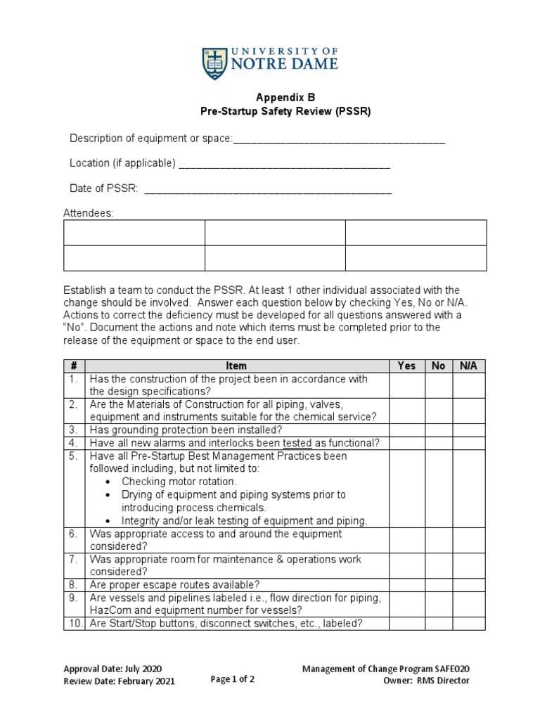 Pre Startup Safety Review PSSR Updated February 1 2021 | PDF | Switch ...