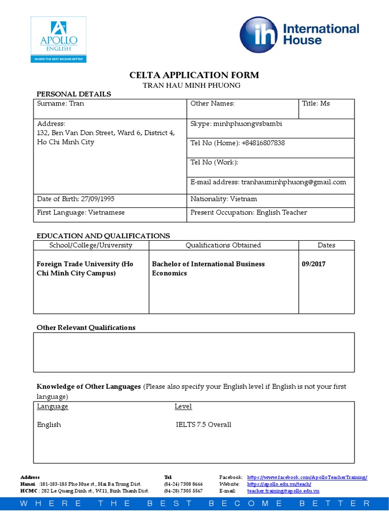 CELTA-Application-Tran Hau Minh Phuong | PDF | Ho Chi Minh City | Hue