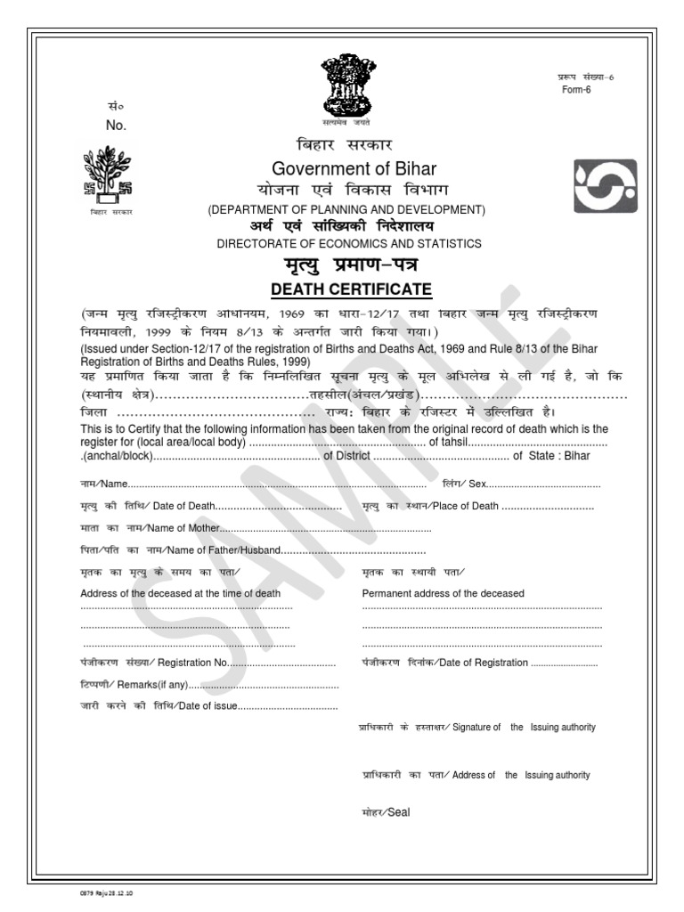 Bihar Death Certificate Form PDF Download 1 | PDF