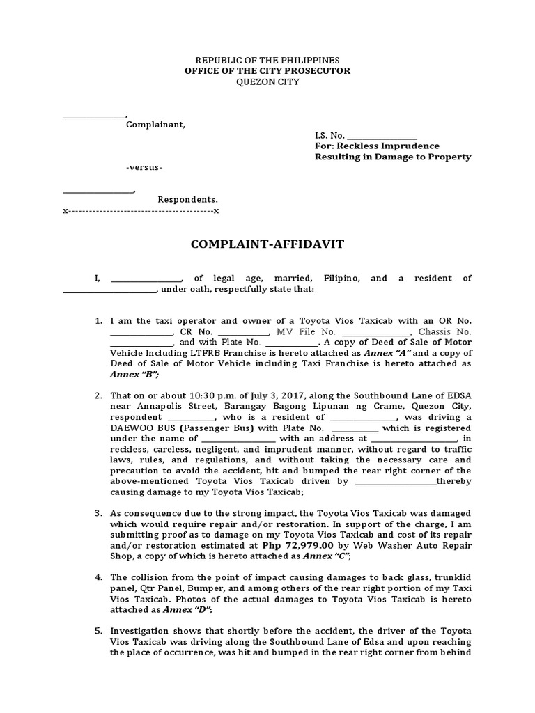 Reckless Imprudence Sample Complaint | PDF | Transport | Vehicles