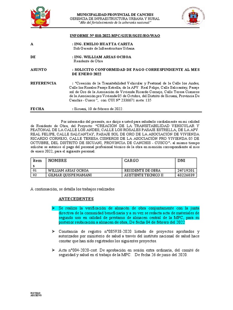 Informe - N°010-2022 Conformidad de Pago | PDF | Economias