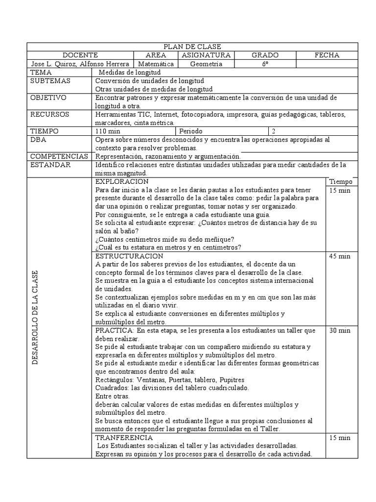Formato Plan de Clase | PDF | Longitud | Metro
