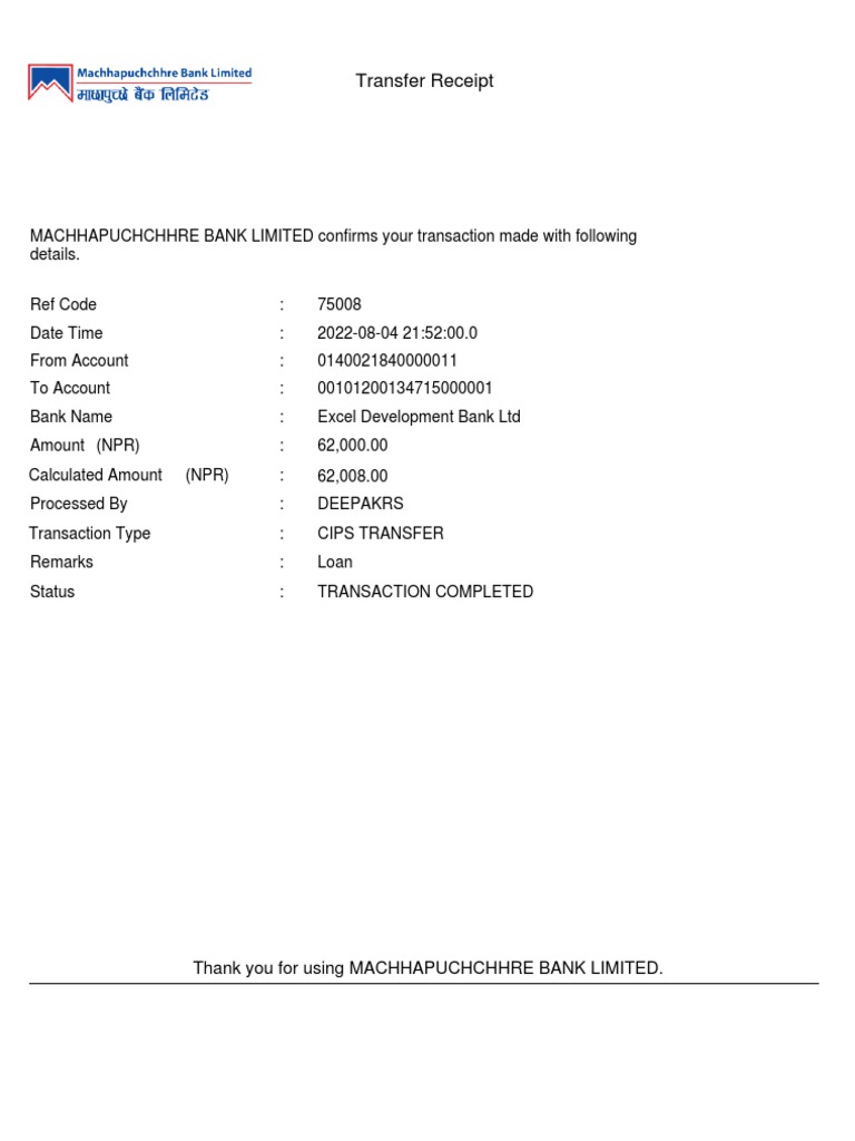Transfer Receipt: Thank You For Using Machhapuchchhre Bank Limited ...