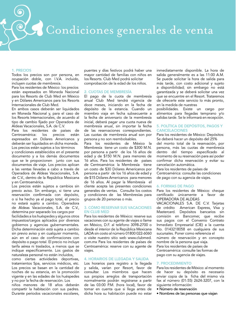 Terminos y Condiciones Club Med Cancun | PDF | México | Dólar de los Estados Unidos