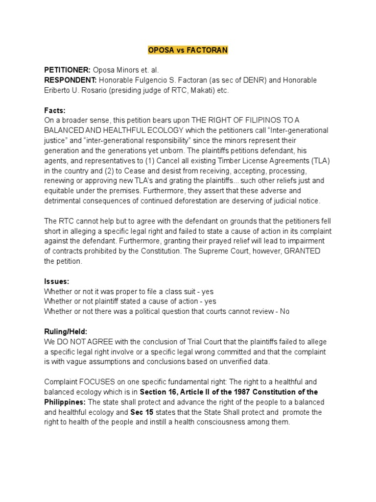 Oposa Vs Factoran Case Digest | PDF | Complaint | Lawsuit