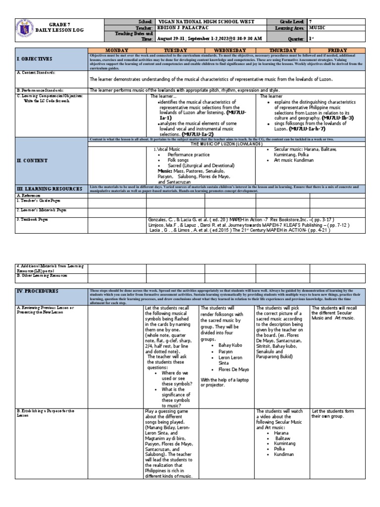 q1 - Grade 7 Music - Week 1 | PDF | Learning | Teachers
