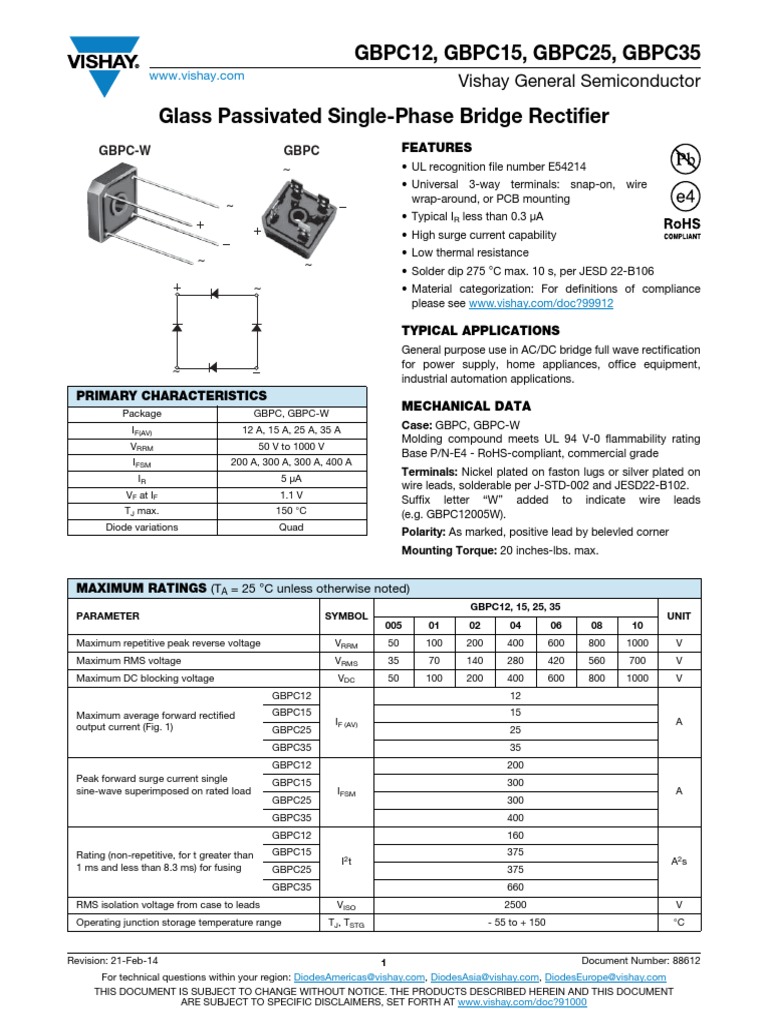 GBPC12, GBPC15, GBPC25, GBPC35: Vishay General Semiconductor | PDF | Rectifier | Diode