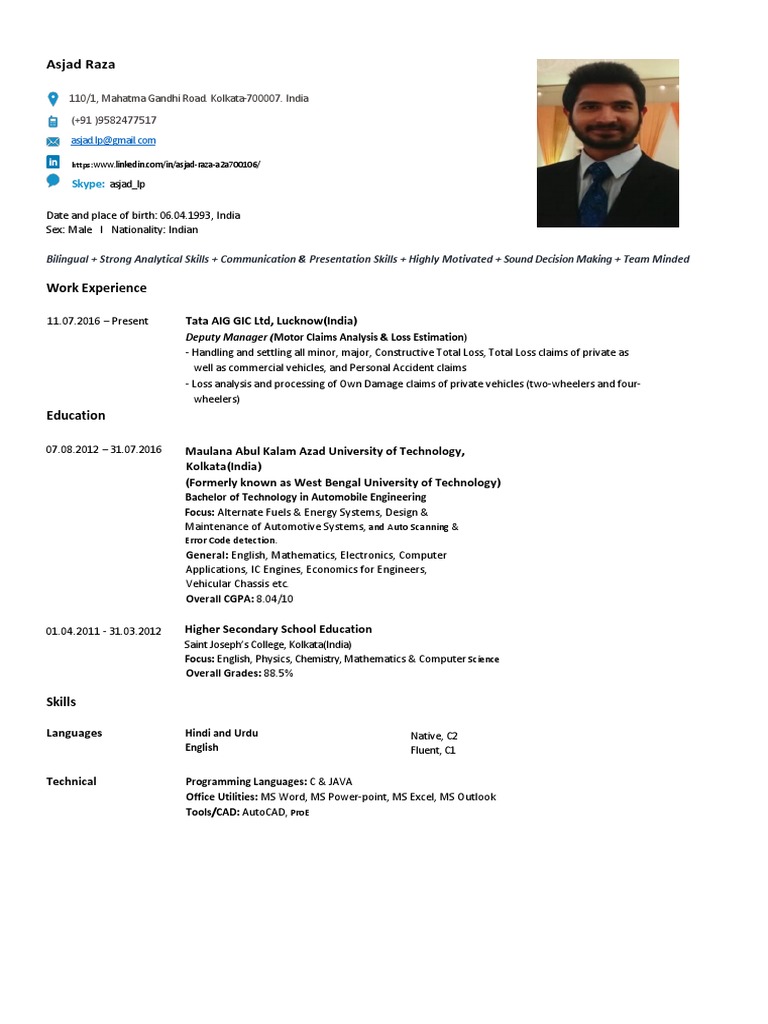 Asjad Raza: Work Experience | PDF | Car | Kolkata