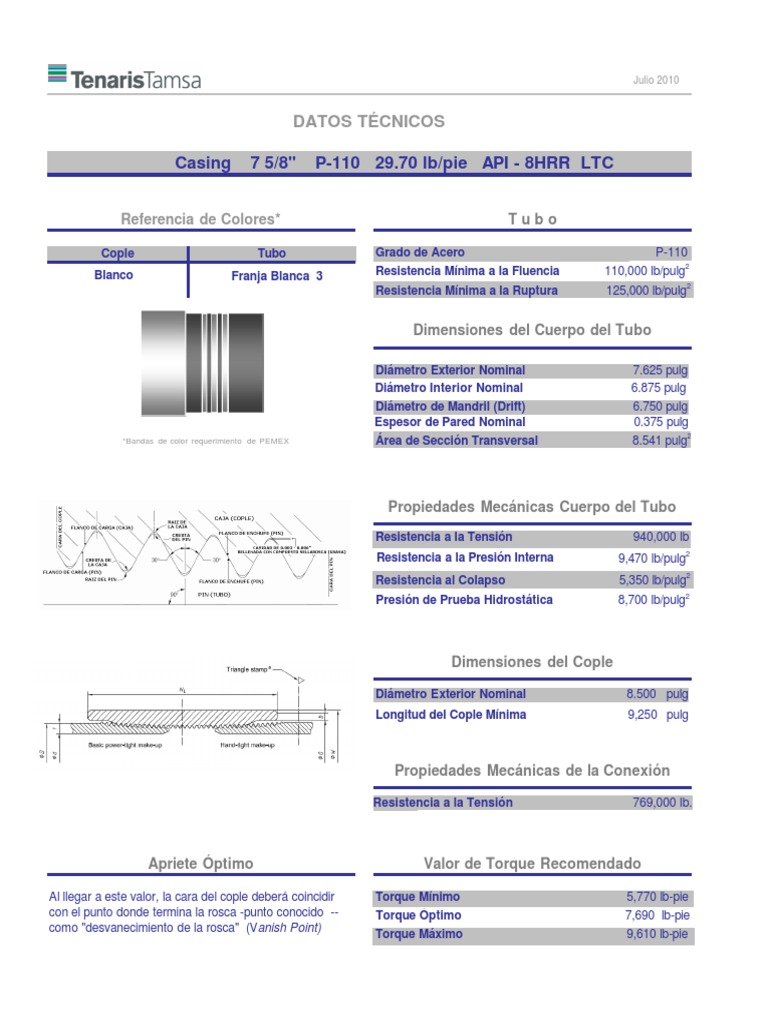 Casing 7 5/8" P-110 29.70 Lb/pie API - 8HRR LTC: Datos Técnicos | PDF ...