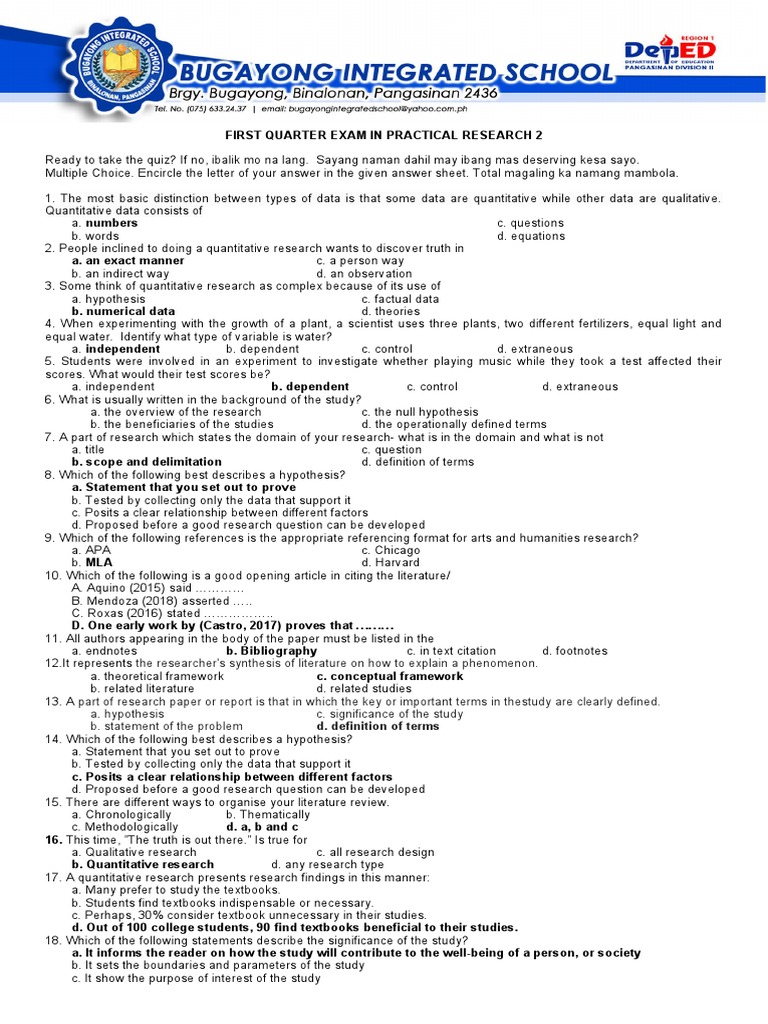 First-Quarter-Exam PRACTICAL | PDF | Hypothesis | Reading Comprehension
