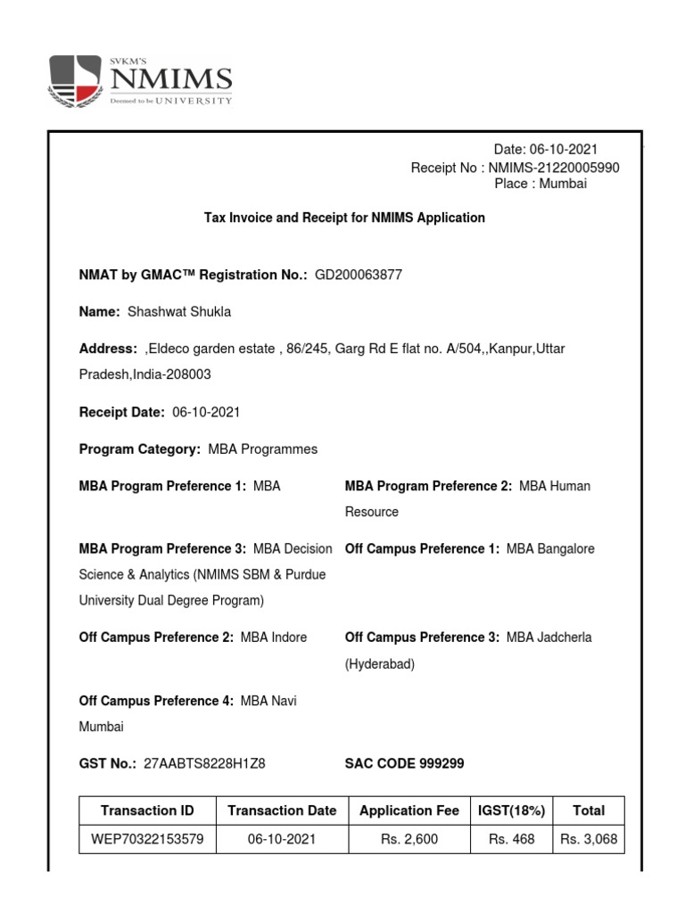 Receipt for NMAT Application and MBA Program Preferences for Shashwat ...