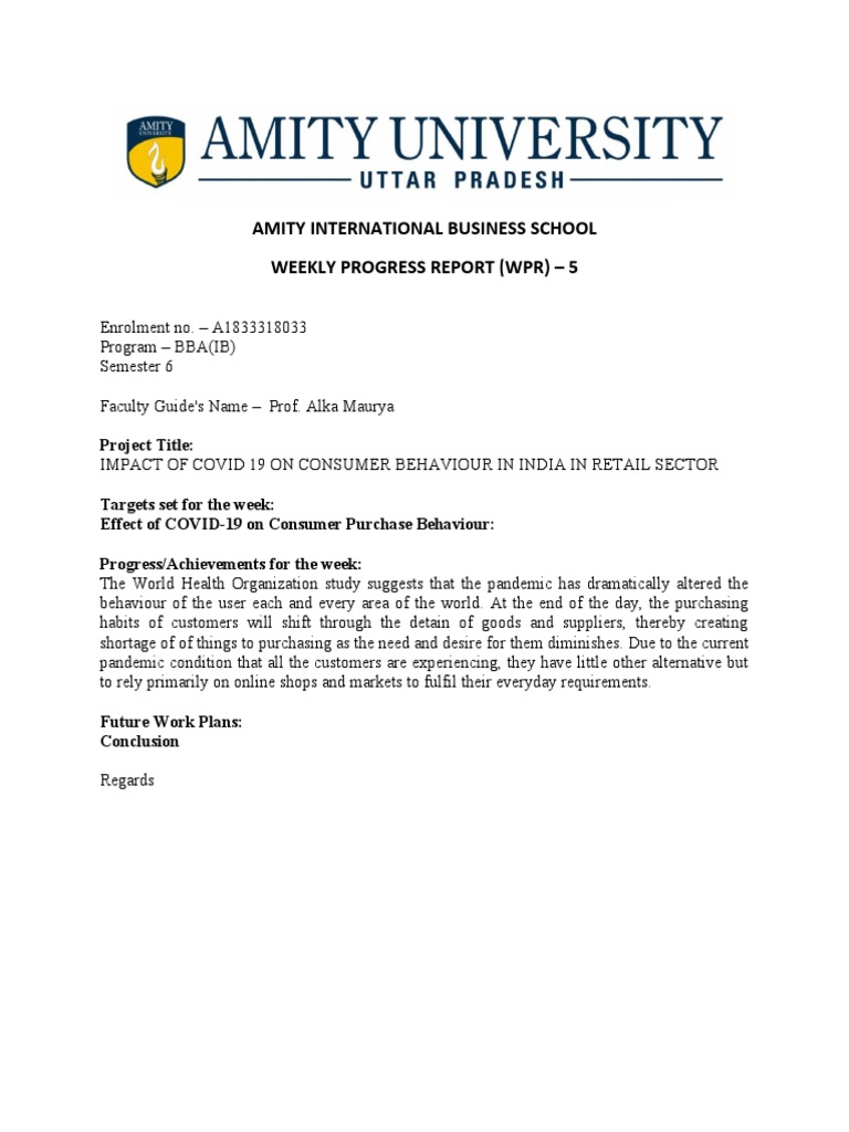 Amity International Business School Weekly Progress Report (WPR) - 5 | PDF | Finance & Money ...