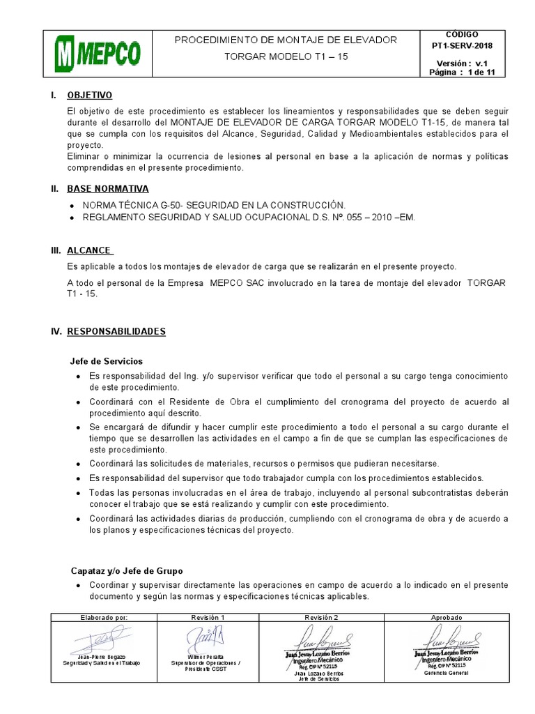 Montaje Elevador Torgar T1-15: Procedimiento | PDF | Seguridad y salud ...