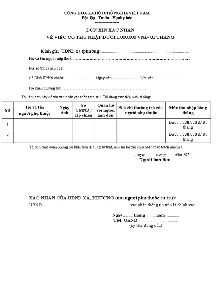 Đơn Xin Xác Nhận Thu Nhập Dưới 1tr - thang | PDF
