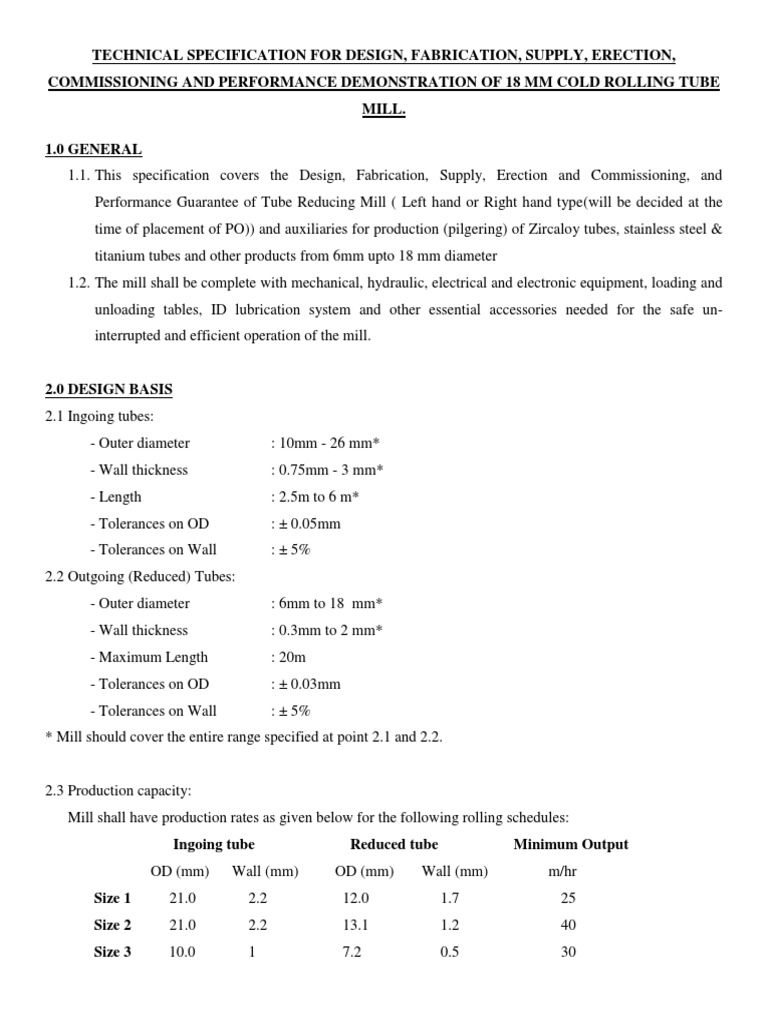 Cold Rolling Tube Mill Technical Specification | PDF | Programmable ...