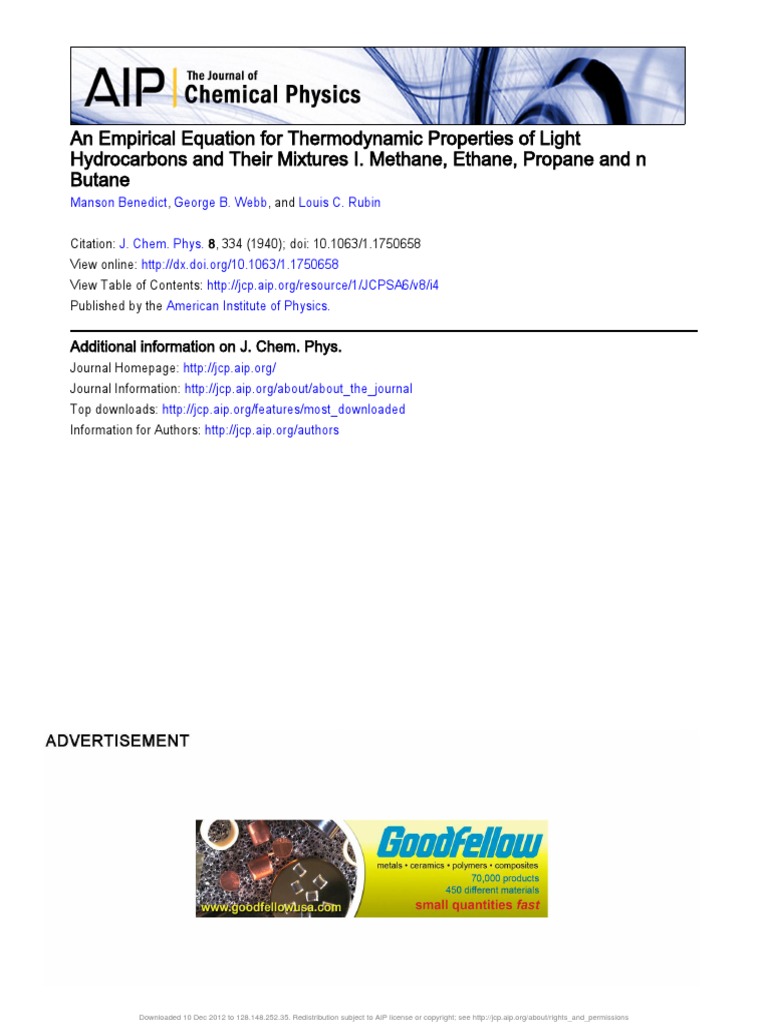 1940 - Benedict Webb Rubin - An Empirical Equation For Thermodynamic ...