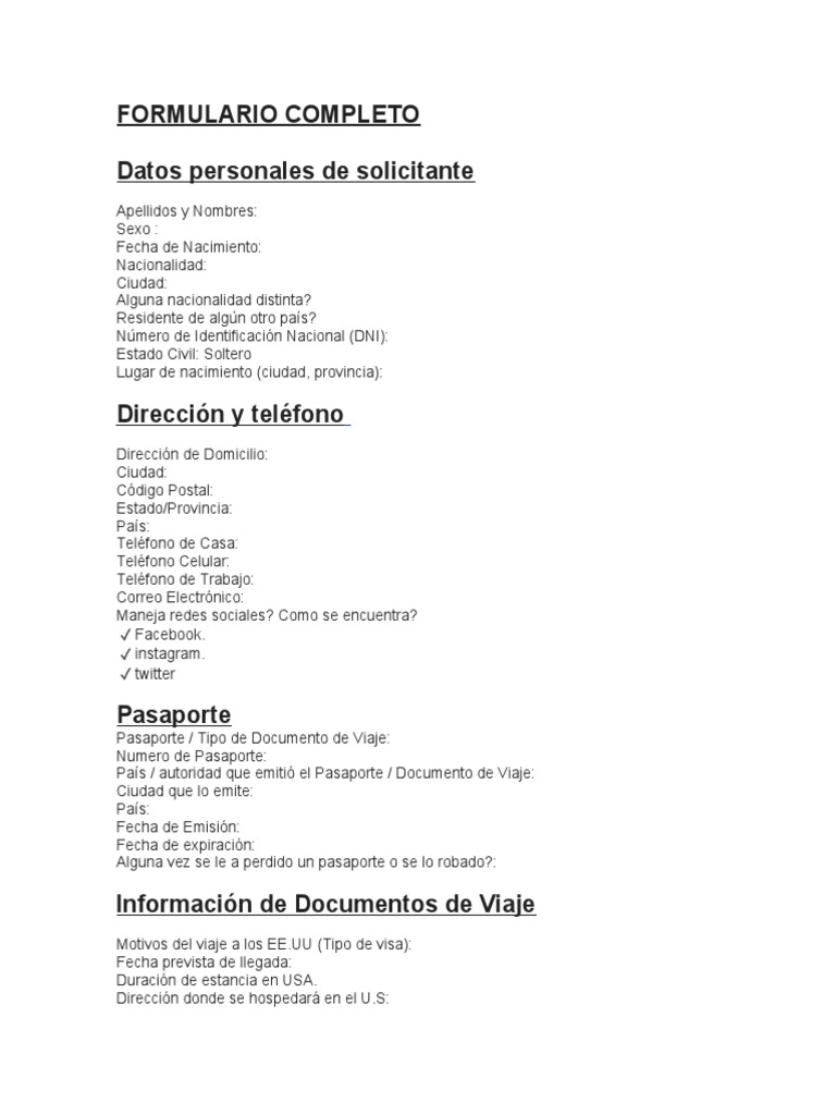 Formulario Completo Sasha Cano | PDF | Visa de viaje | Gobierno y ...