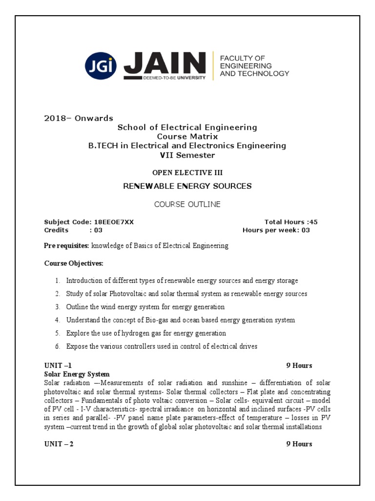 Renewable Energy Sources Course Outline | PDF | Solar Energy | Solar Power