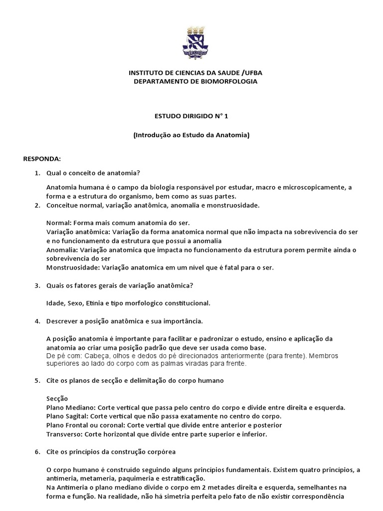 Introdução à Anatomia Humana e Conceitos Básicos | PDF | Anatomia ...