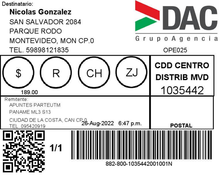$ CH R ZJ: San Salvador 2084 Parque Rodo Montevideo, Mon Cp.0 TEL ...