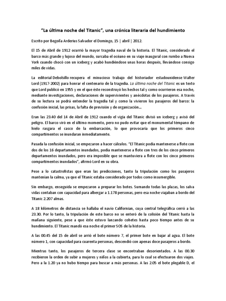 La Última Noche Del Titanic | PDF | Transporte de agua | Transatlánticos