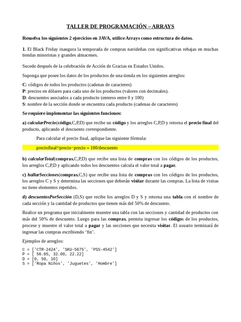 Taller Java - Arrays | PDF | Estructura de datos de matriz | Black Friday (Compras)