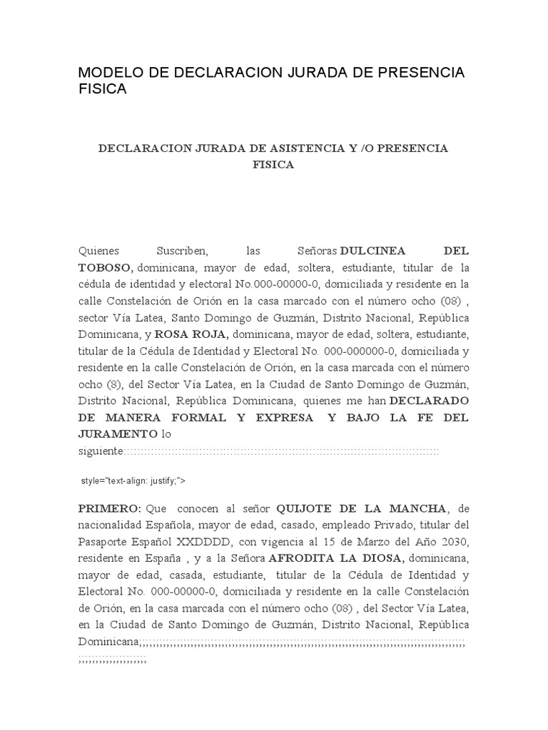 MODELO DE DECLARACION JURADA DE PRESENCIA FISICA | PDF | República ...