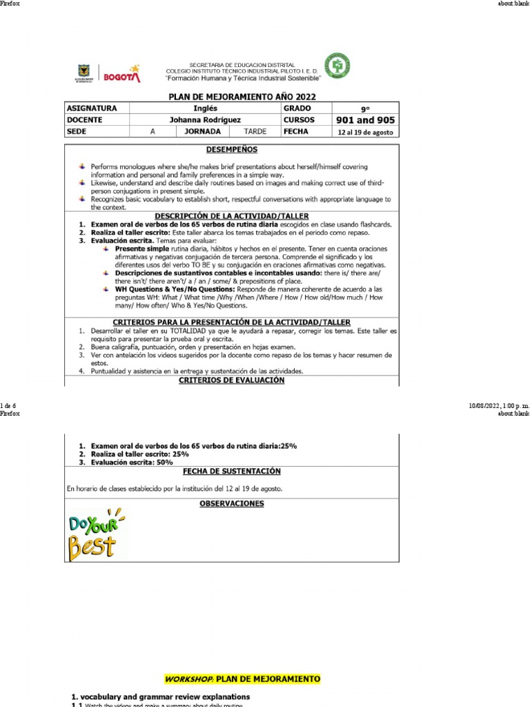 Inglés 901 - 905 Johanna Rodriguez P Mejoramiento Iip | PDF
