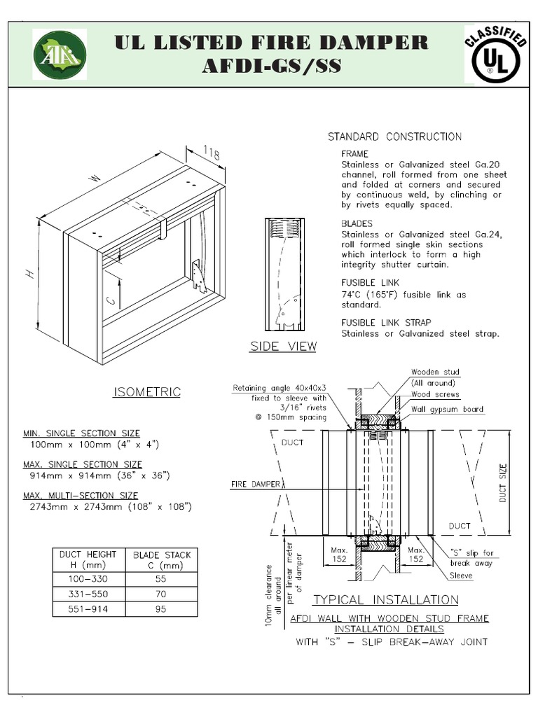 Ul Listed Fire Damper Afdi-Gs/Ss | PDF | Switch | Duct (Flow)