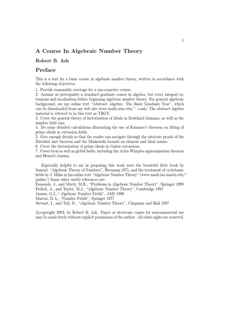 Ash - Algebraic Number Theory.2003.draft | PDF | Ring (Mathematics ...