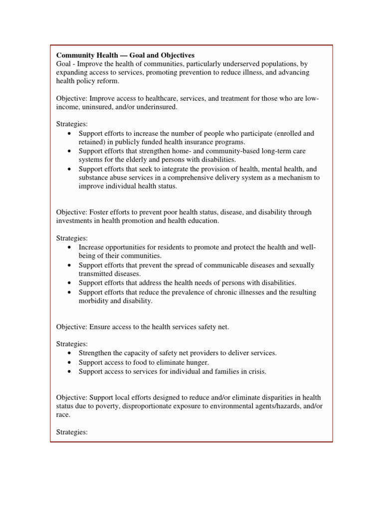 Community Health Goals | PDF | Wellness