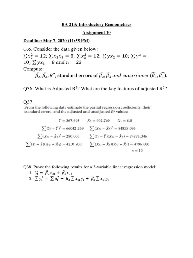 BA 213: Introductory Econometrics Assignment 10 Deadline: May 7, 2020 (11:55 PM) | PDF