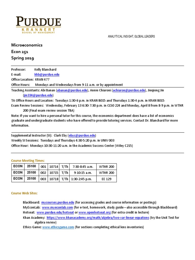 Microeconomics Econ 251 Spring 2019: Khb@purdue - Edu | PDF | Textbook ...