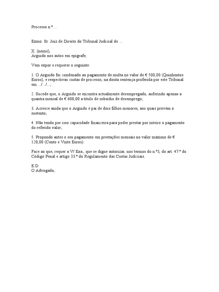 Requerimento para Pagamento Da Multa e Custas em Prestações | PDF Requerimento para Pagamento Da Multa e Custas em Prestações | PDF