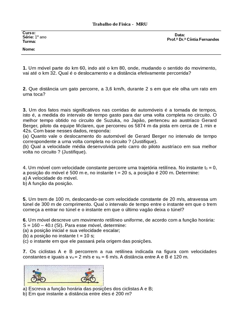 Lista MRU | PDF | Velocidade | Quantidades físicas